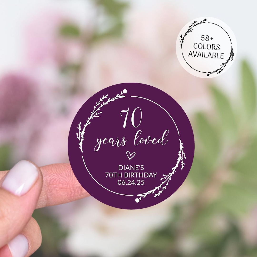 Round Birthday Stickers, Personalized 70th Birthday Party Favors Labels ...