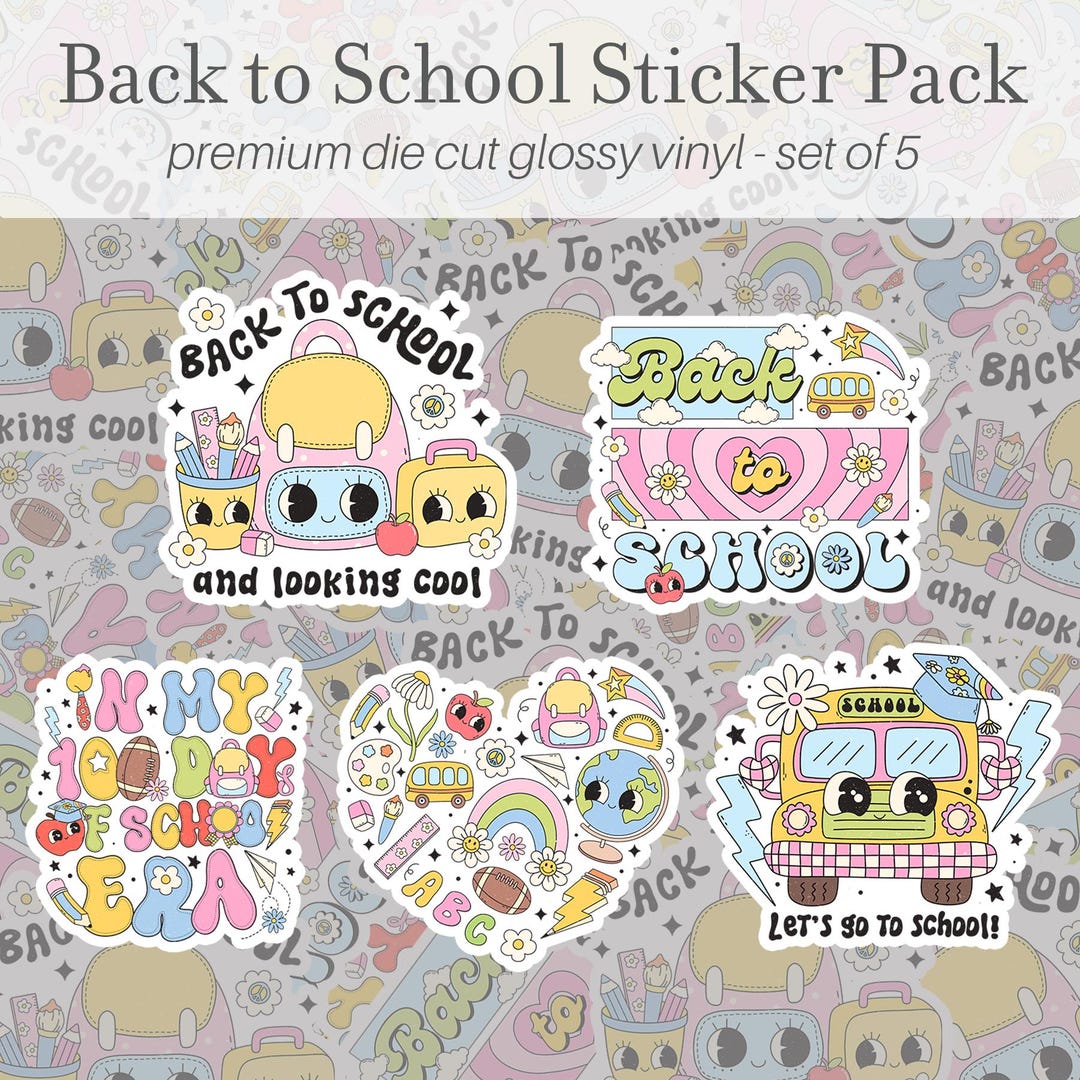 Back to School Sticker Pack of 5, Vinyl Stickers, First Day of School ...