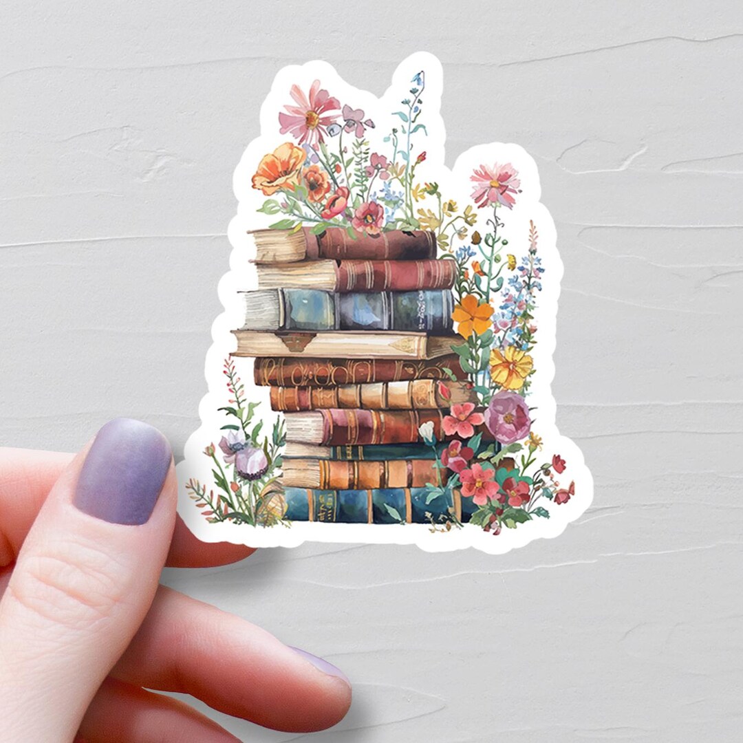 Wildflower Stacked Books Sticker, Floral Book Stack Sticker, Book Lover ...