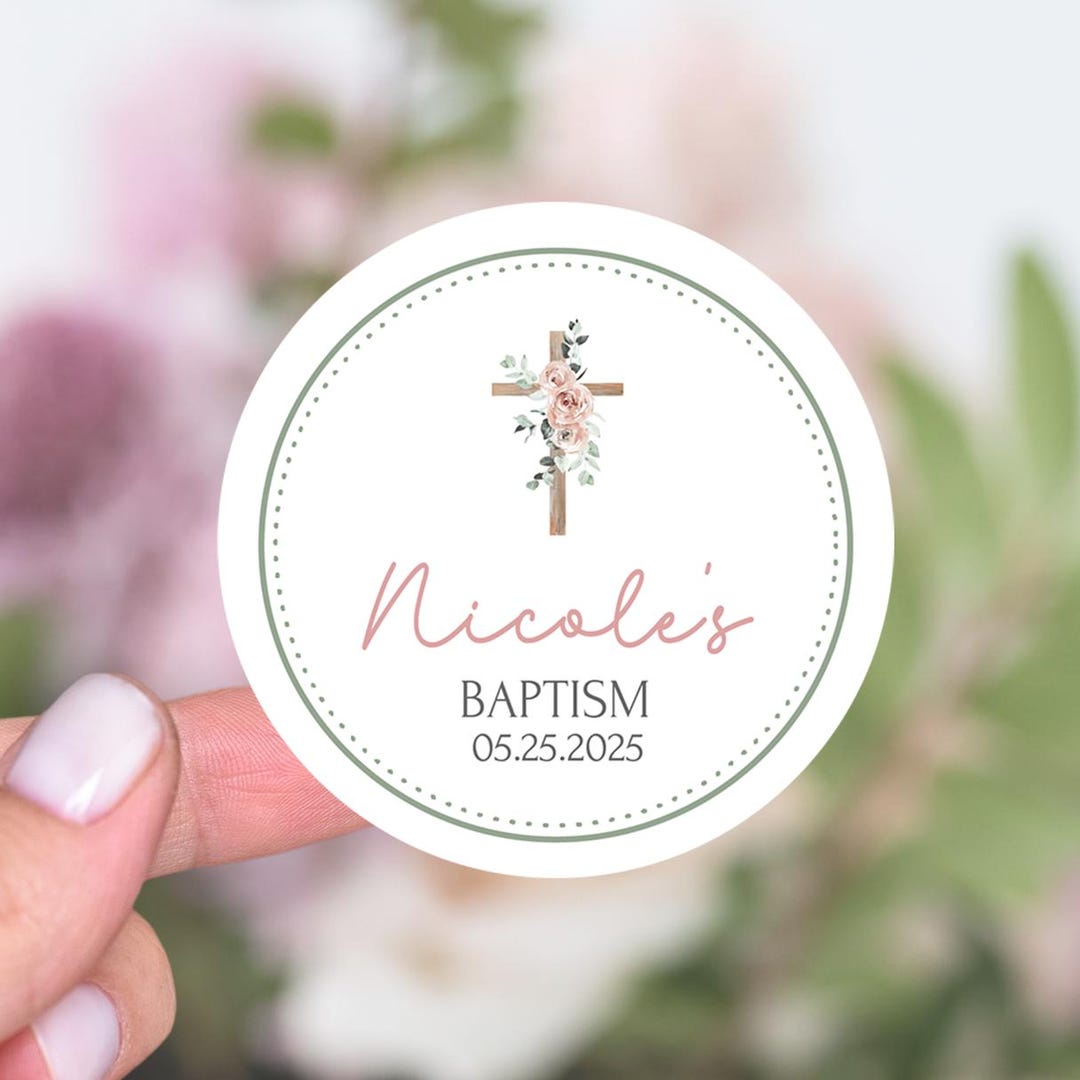 Baptism Favors Stickers, Girls Baptism Gift Labels, Floral Cross ...