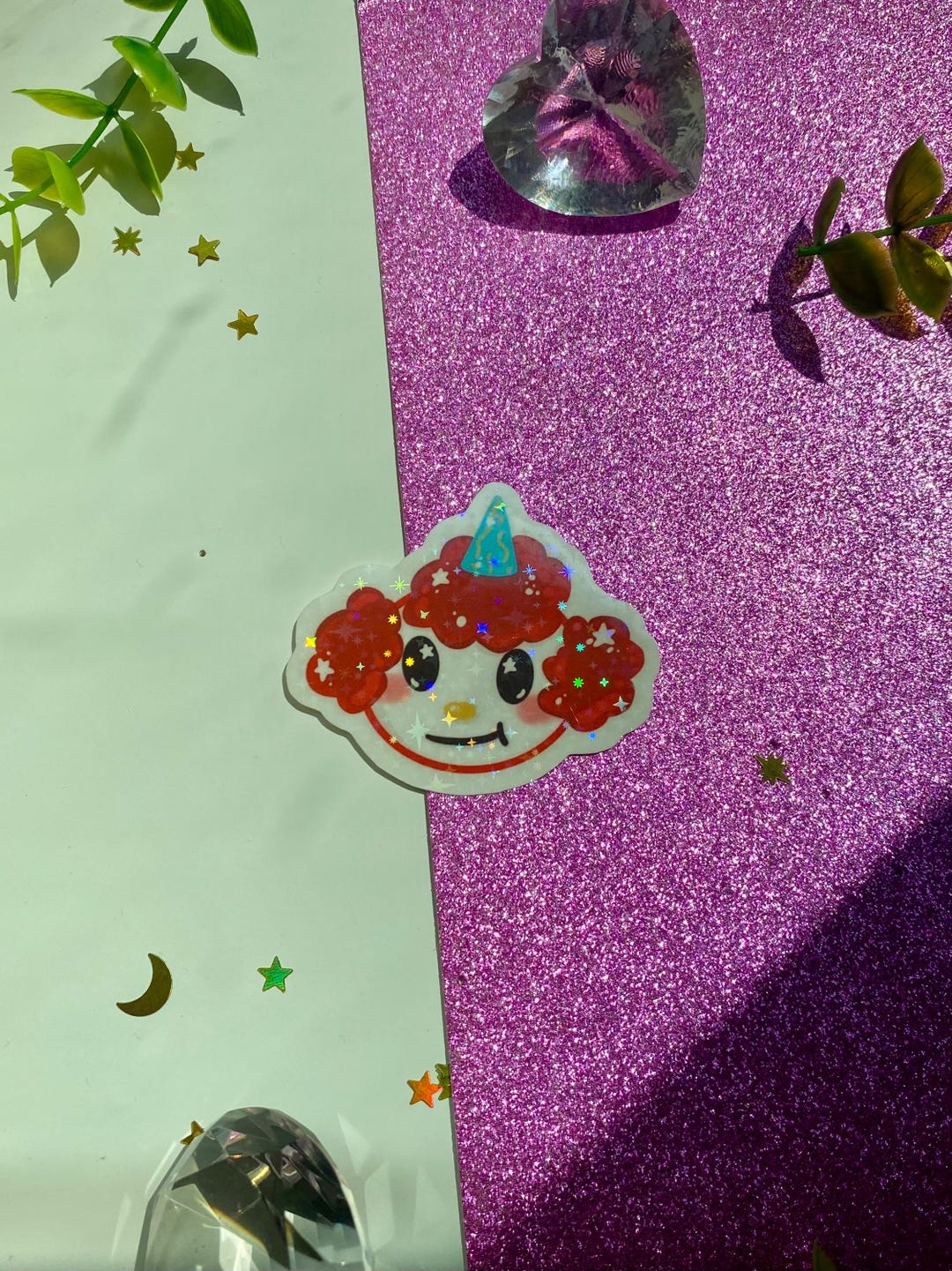 Red Hair Clown Blue Clown Hat Holographic Sticker - Etsy