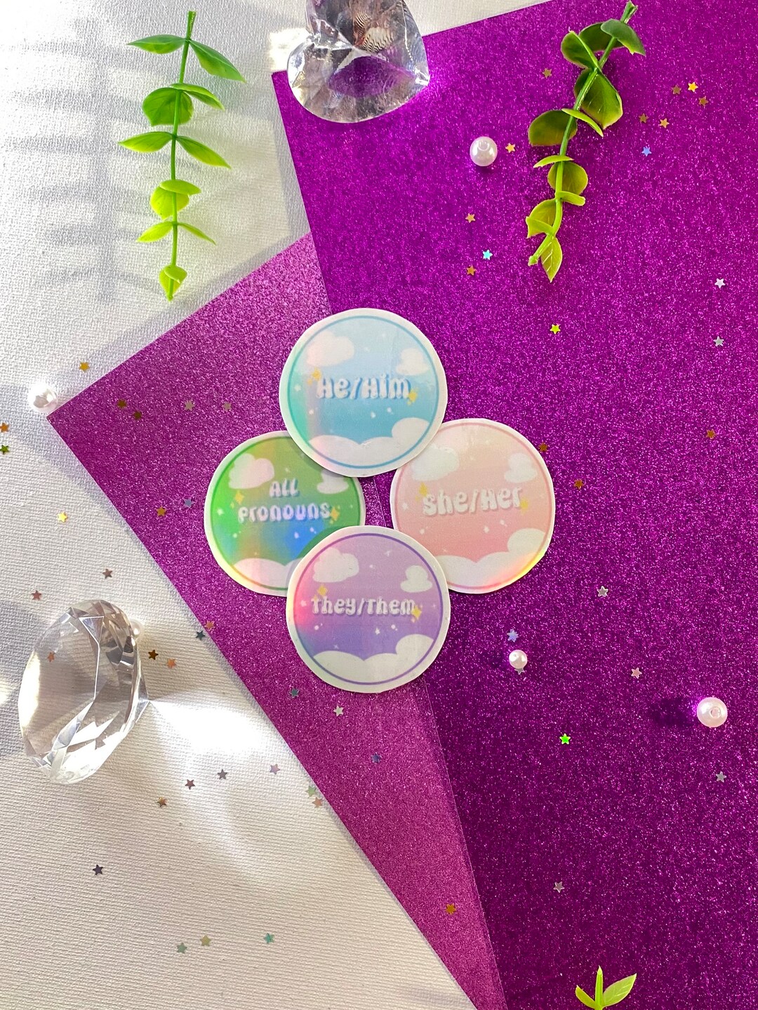 Pastel Pronoun Cute Aesthetic Holographic Circle Stickers - She/her, He ...