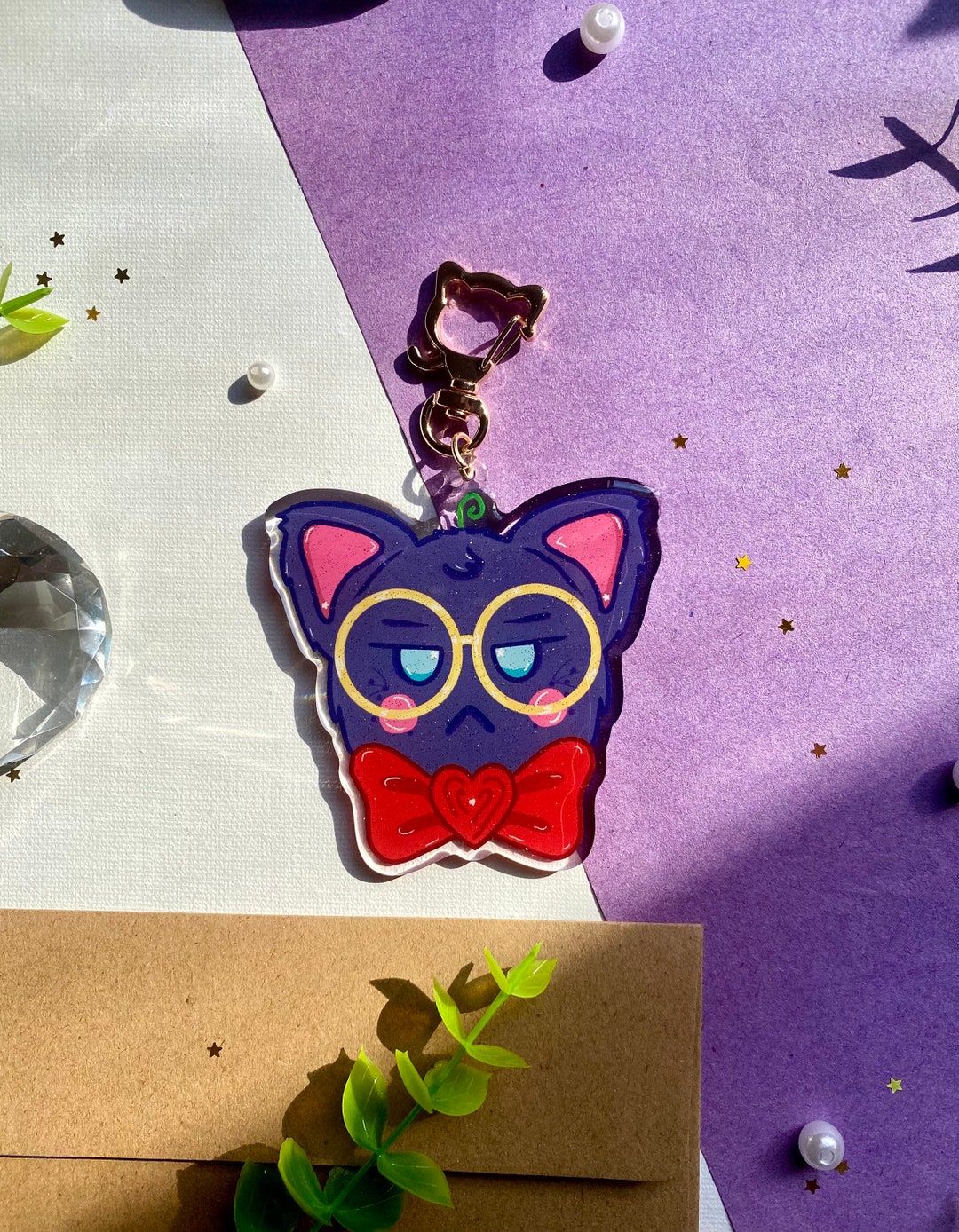 Grumpy Cat Nerd Acrylic Keychain: Red Bow Tie, Gold Glitter (3 Inch) - Etsy