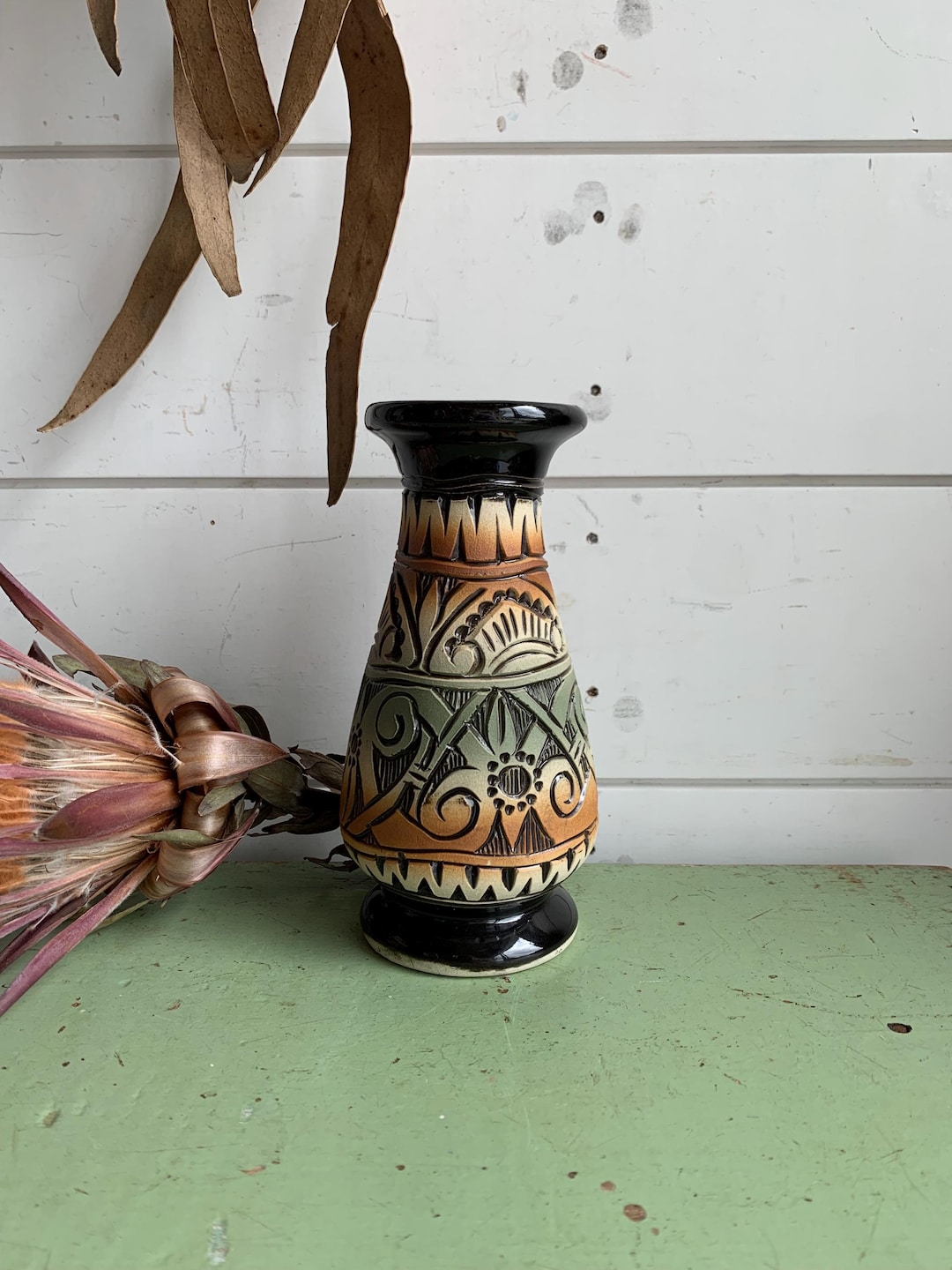 Vintage Carved Pottery Vase - Sabah Borneo Decor - Etsy