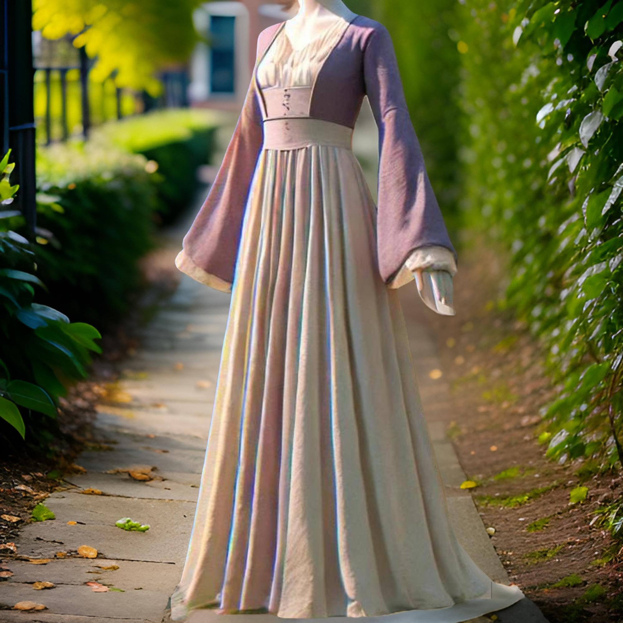 Elegant Viking Medieval Dress | Flared Sleeves Two-tone Dress ...