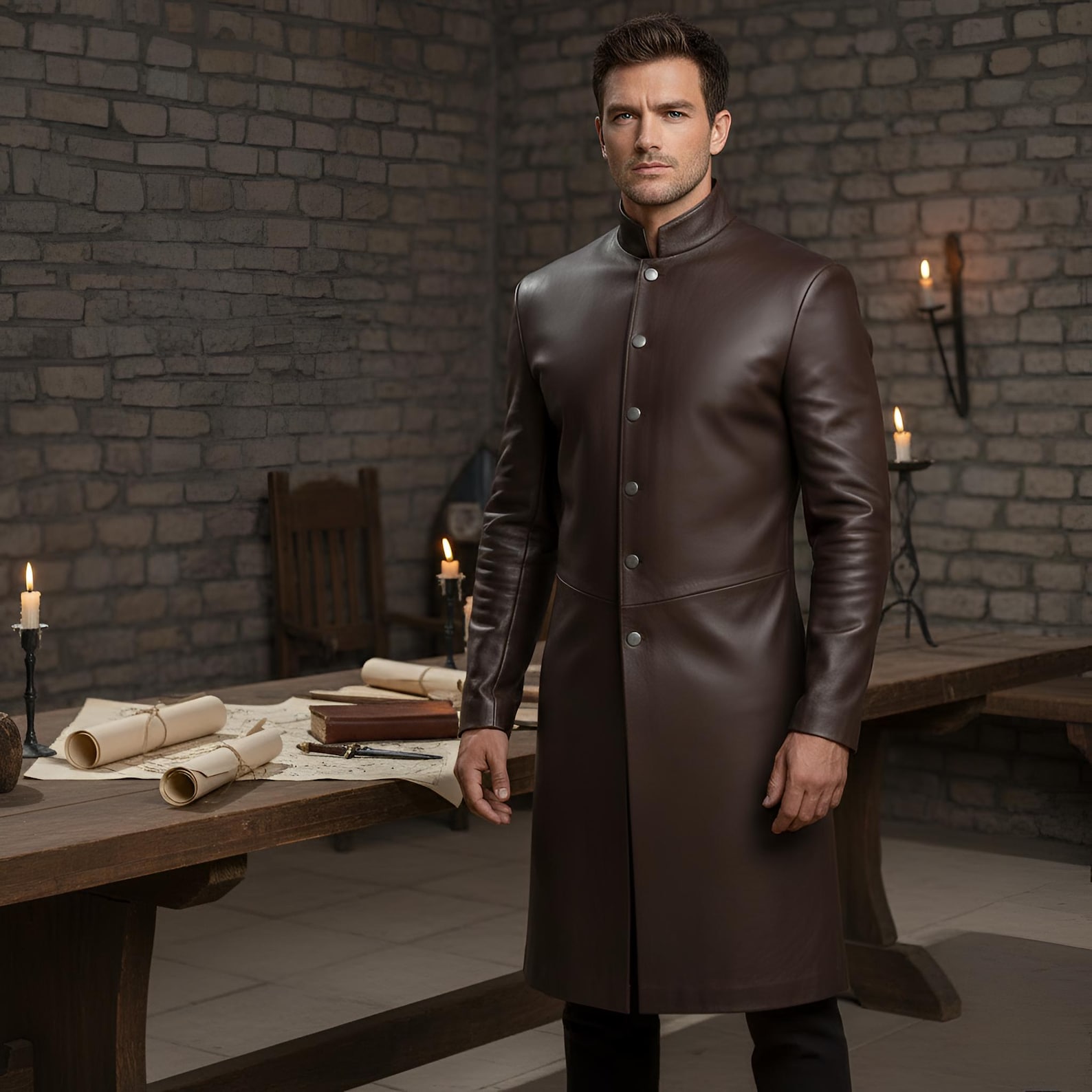 Mens Leather Long Coat | Structured Stand Collar Overcoat | Tailored ...