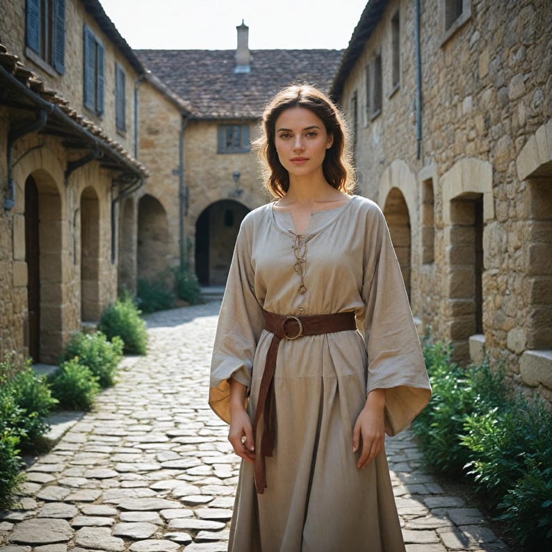 Bohemian Beige Medieval Dress | Rustic Peasant Long Sleeve Gown ...