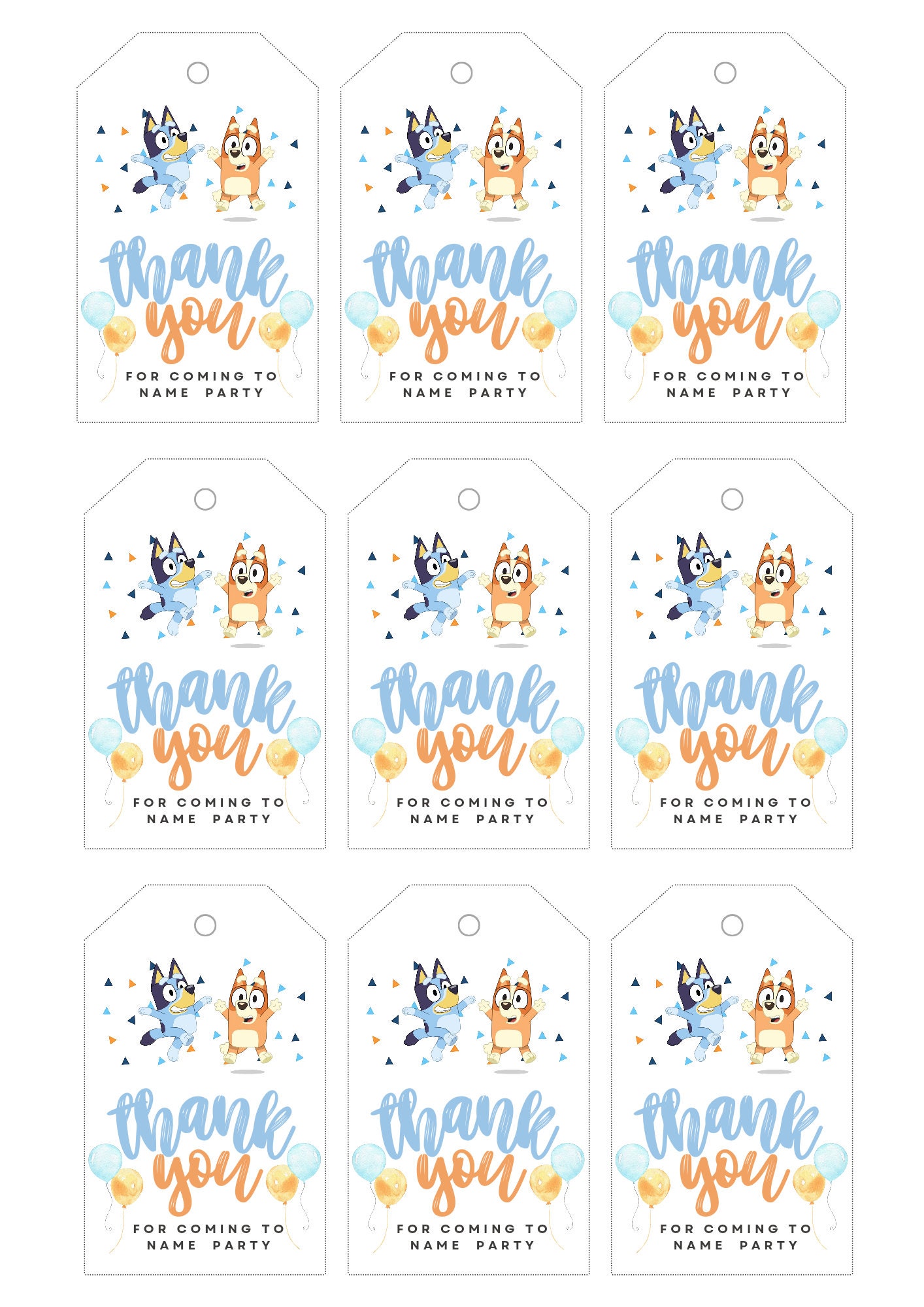 Bluey Birthday THANK YOU Tags Editable, Digital, Instant Download ...