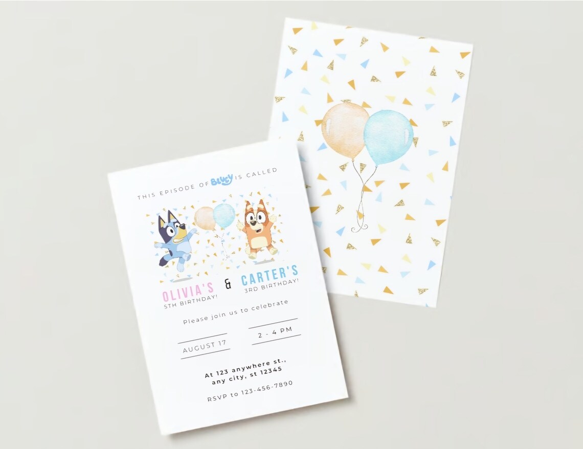 Joint BLUEY BIRTHDAY INVITATION, Editable, Digital, Blue, Instant ...