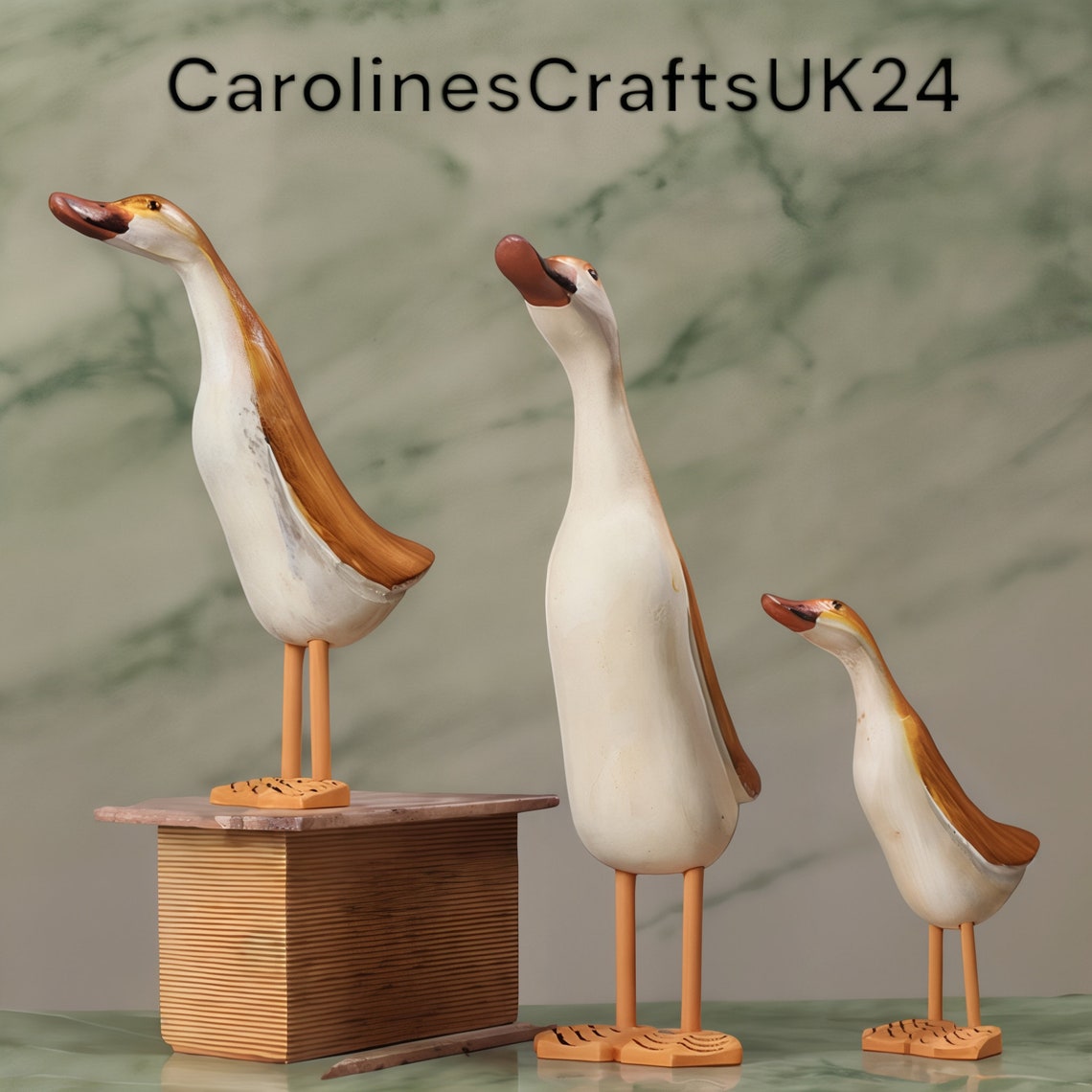3x Wooden Duck Statue Garden Sculpture Set Handcrafted Duck Ornament ...