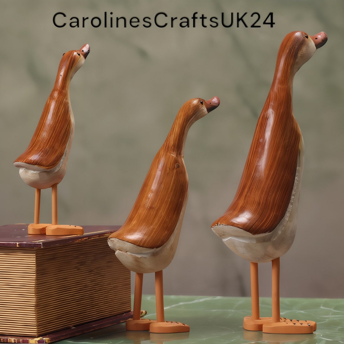 3x Wooden Duck Statue Garden Sculpture Set Handcrafted Duck Ornament ...