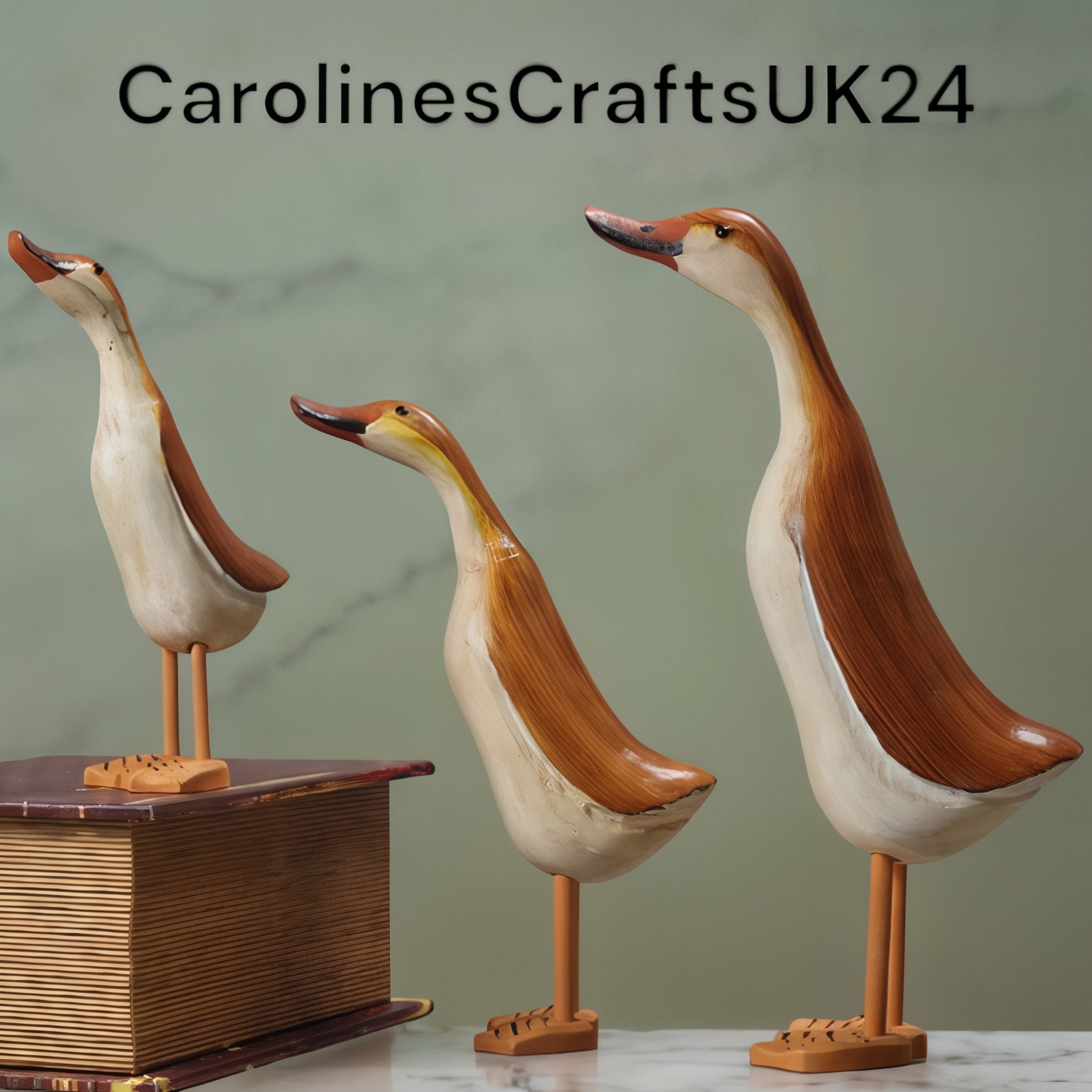 3x Wooden Duck Statue Garden Sculpture Set Handcrafted Duck Ornament ...