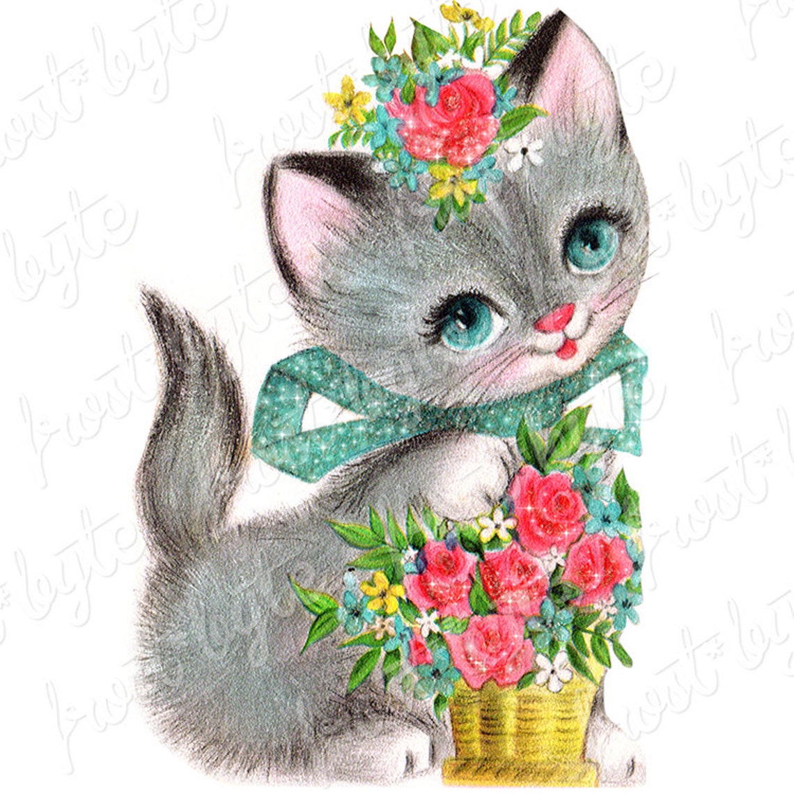 Pretty Kitty With Flowers Image Digital Image for Instant | Etsy