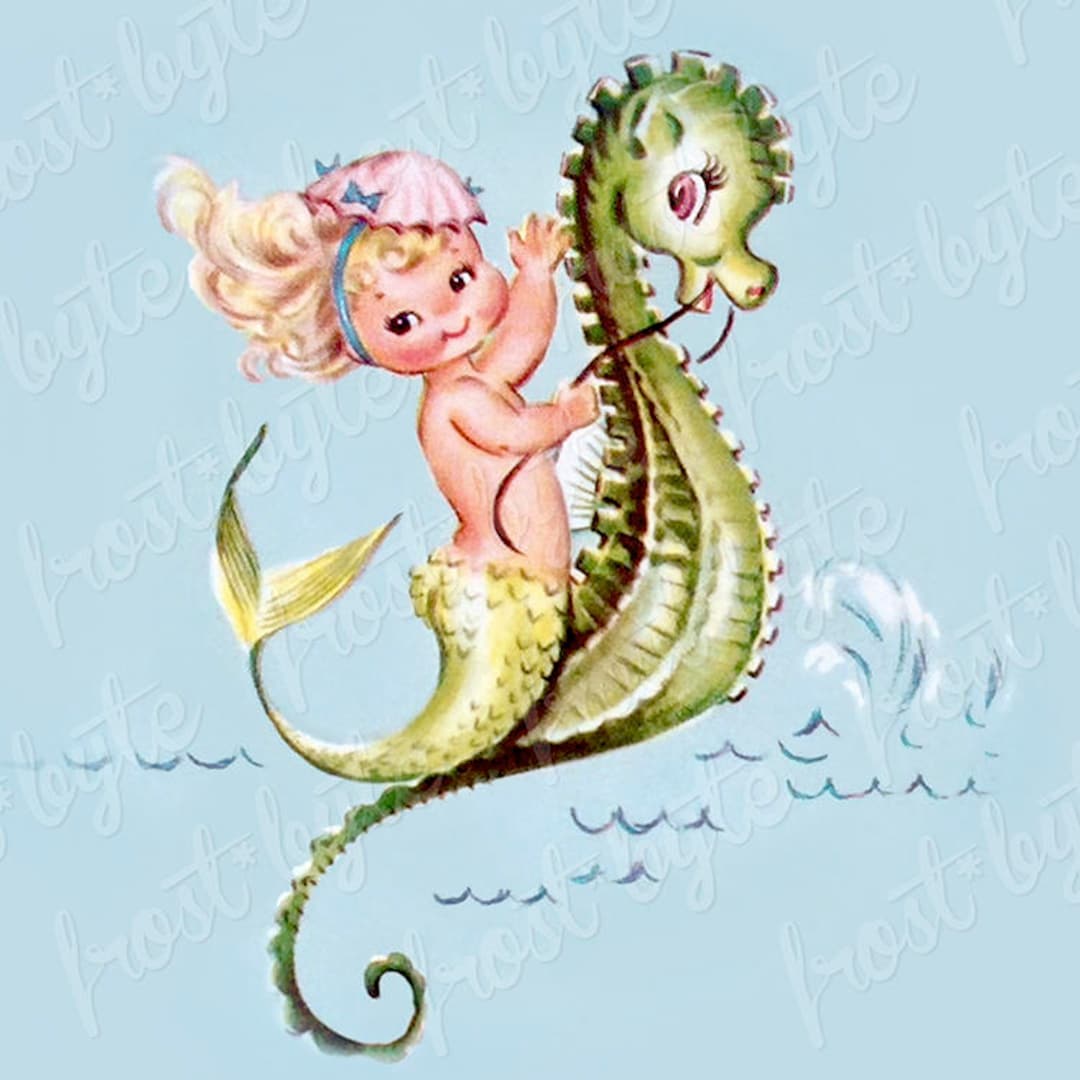 Little Mermaid Riding a Seahorse Vintage Image - Instant Download ...