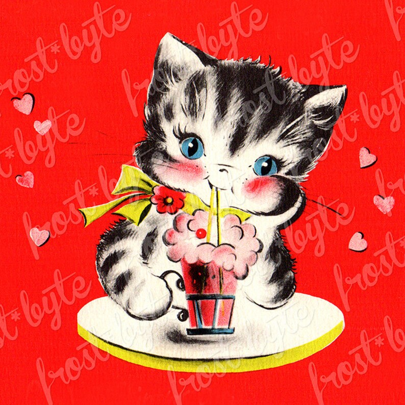 Valentine Cat Drinking Milkshake With Hearts - Digital Download Image ...