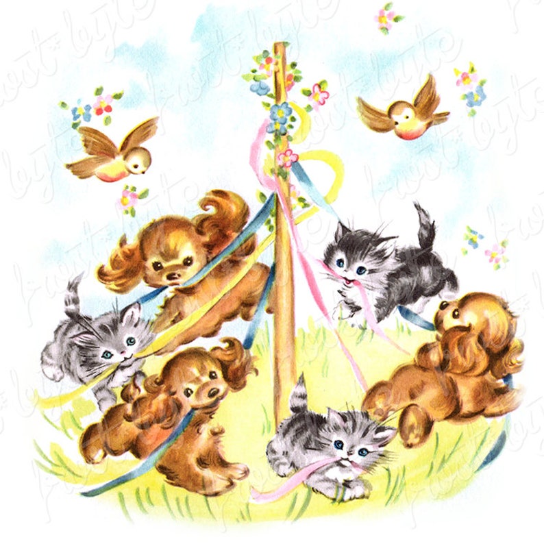 Dogs, Cats and Birds Maypole Image Vintage - Downloadable Digital Image ...