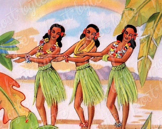 Vintage Hula Girl Illustration - Digital Download File - Watercolor ...