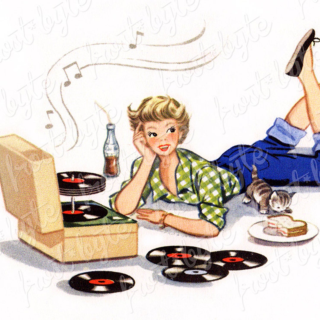 Retro Girl Listening to Records With Soda and Cat Digital Image File ...