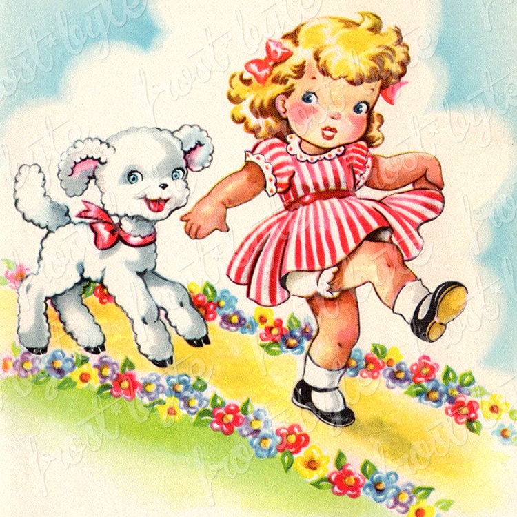 Girl With Lamb Vintage Image - Mary Had a Little Lamb - 50s Greeting ...
