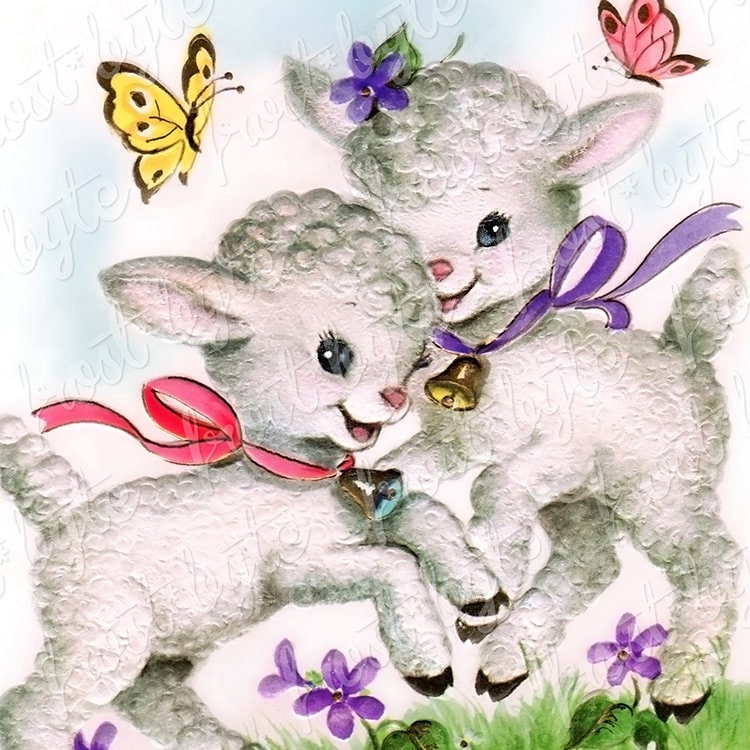 Cute Lambs With Bows and Butterflies - Vintage Digital Image for ...