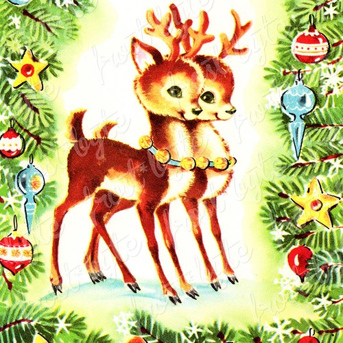 Vintage Christmas Deer and Tree Digital Image for Instant | Etsy