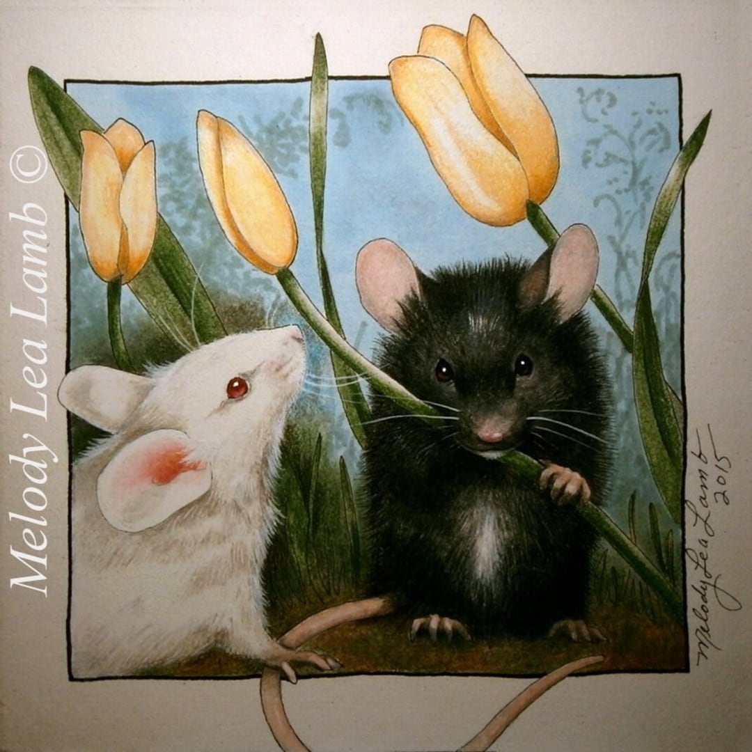 Black and White Mice With Flowers Art by Melody Lea Lamb 5 X 5" Giclee ...