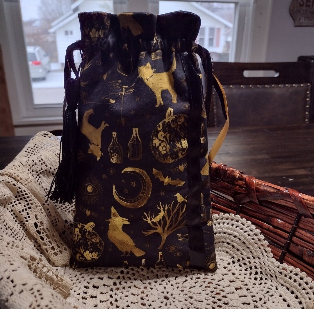 Raven Tarot, Cat Tarot, Tarot Bag, Witchy Raven, Gold Raven, Drawstring ...