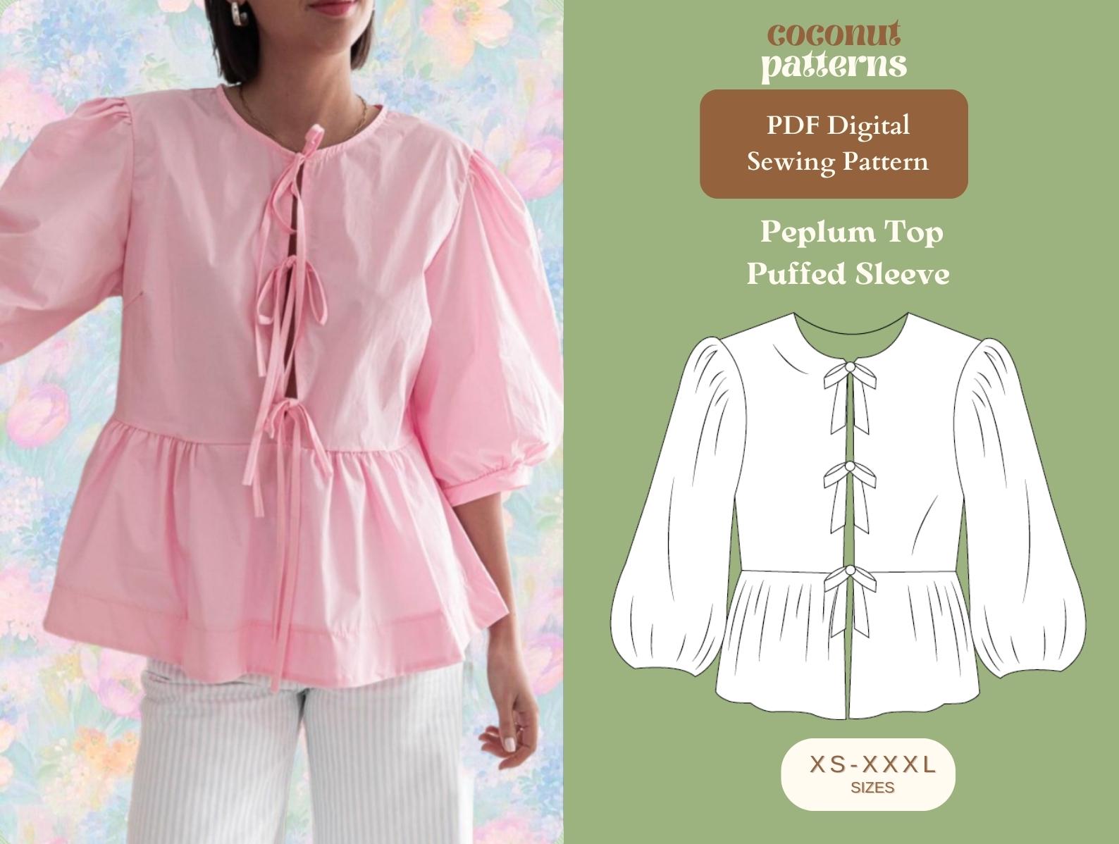 Puffed Sleeves Peplum Tie Top, Ganni Top Inspired Sewing Pattern, Front ...