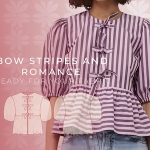 Puffed Sleeves Peplum Tie Top, Ganni Top Inspired Sewing Pattern, Front ...