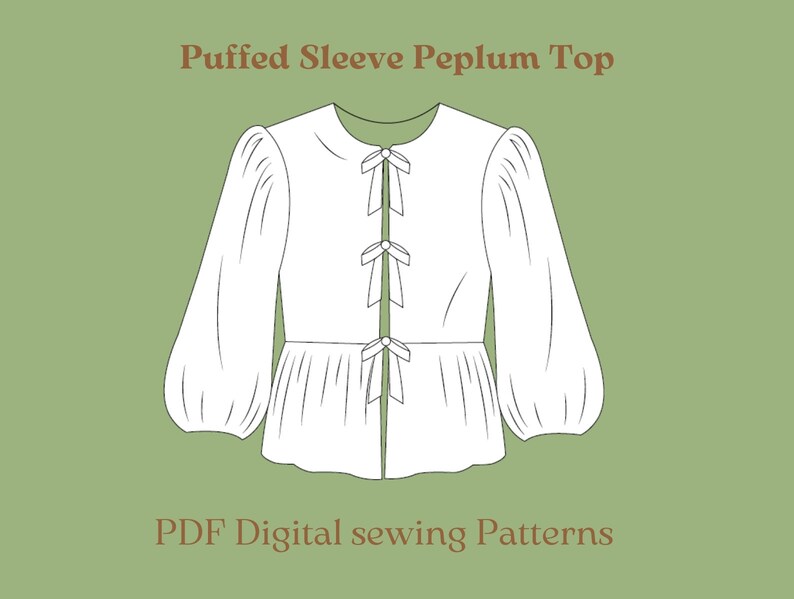Puffed Sleeves Peplum Tie Top, Ganni Top Inspired Sewing Pattern, Front ...