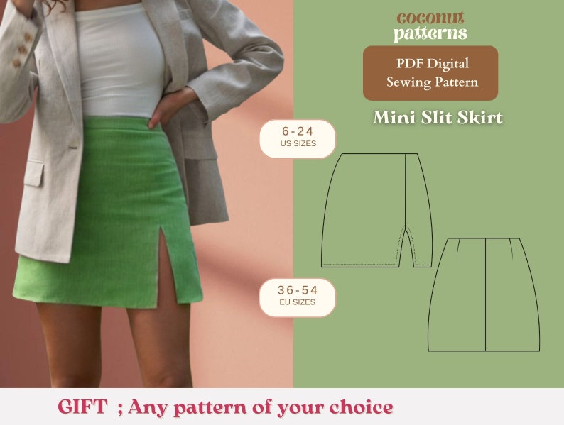 Slit Skirt Pattern Slit Mini Skirt Sewing Pattern Mini Skirt Sewing Pattern Women Sewing Pattern ...