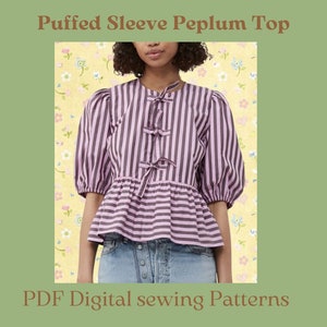 Puffed Sleeves Peplum Tie Top, Ganni Top Inspired Sewing Pattern, Front ...