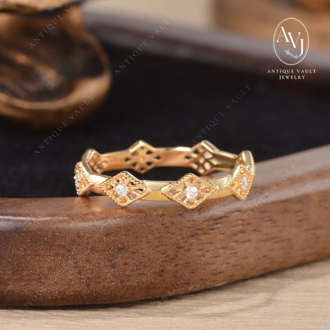 Dainty Moissanite Parallelogram Lattice Wedding Band Unique Eternity ...