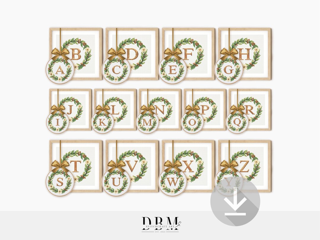 Christmas Wreath Monogram Cross Stitch Patterns | Set of 26 | PDF Guide ...