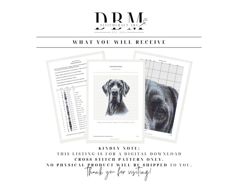 Great Dane Cross Stitch Pattern | Dog Portrait | PDF Guide | Digital ...