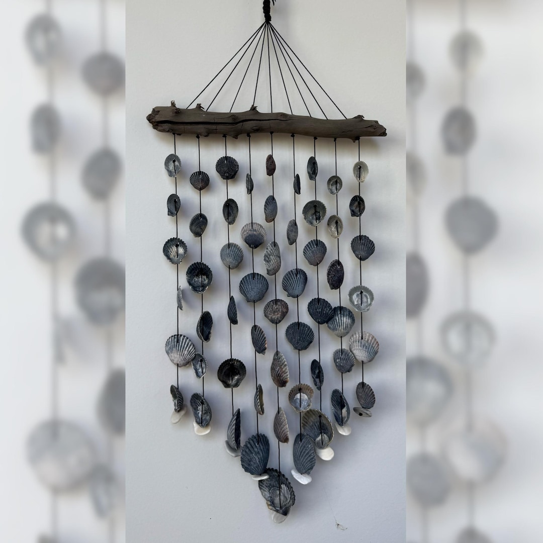 Seashell Wind Chime From Driftwood and Scallops - Black, Grey & Navy ...