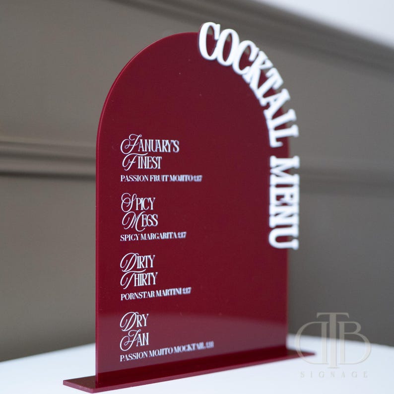 Burgundy Arch Bar Sign | Elegant Wedding Cocktail Menu | Acrylic ...