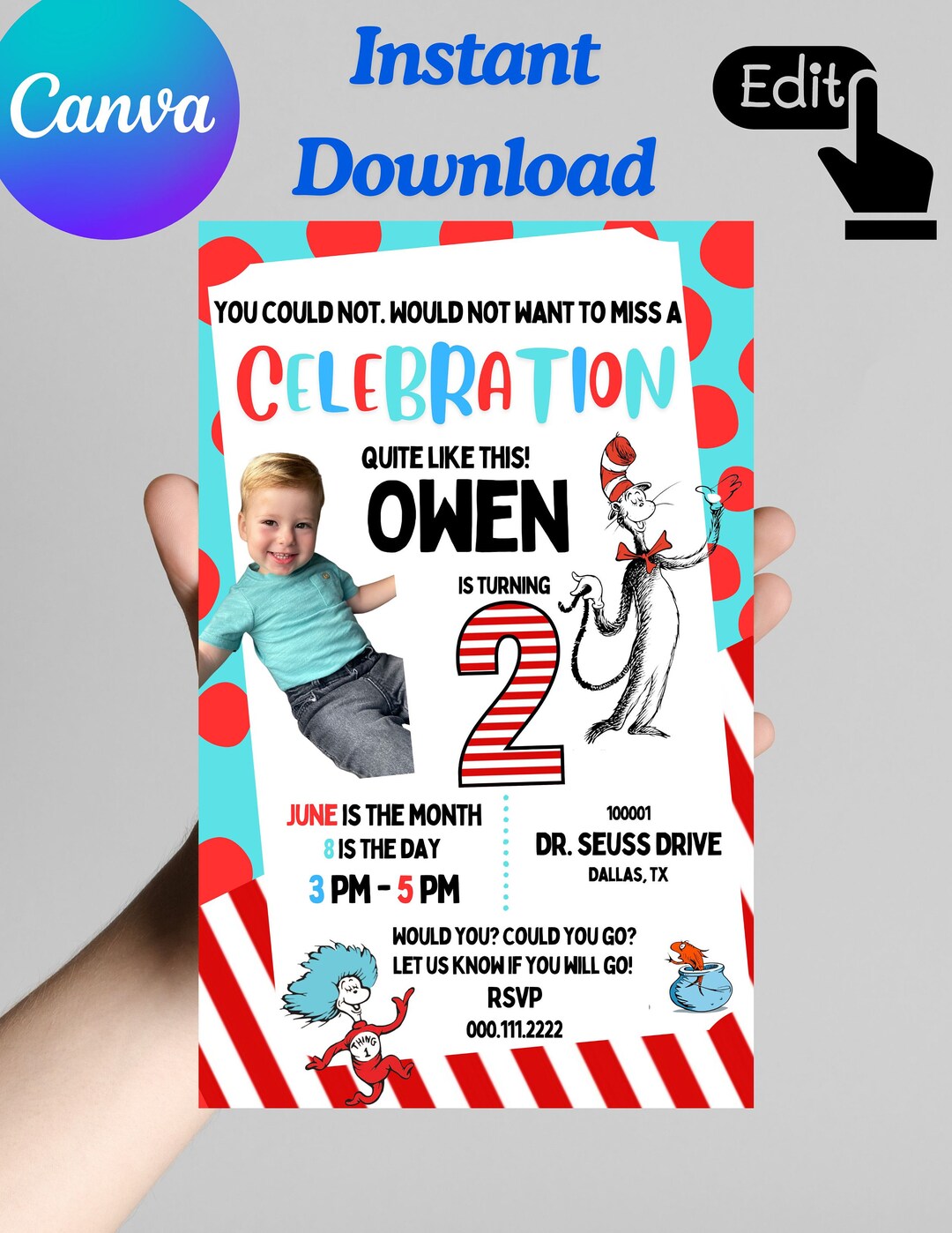 Dr Seuss Birthday Invitation, Dr Seuss Party, Dr Seuss Baby, Dr Seuss ...