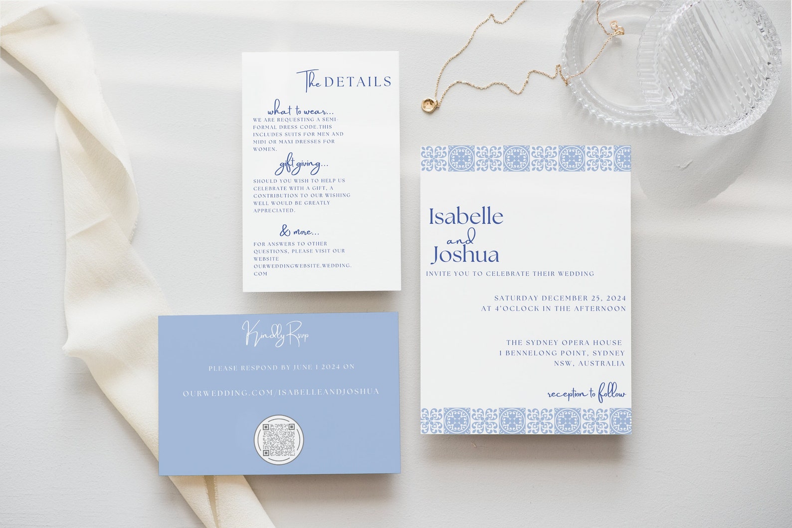 Printable Baby Blue Mediterranean Wedding Invitation Template, Details ...