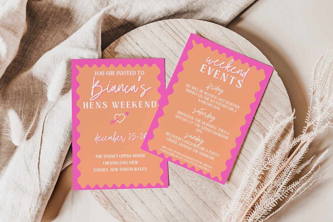 Retro Hens Weekend Itinerary Invitation, Pink Orange Theme (digital ...
