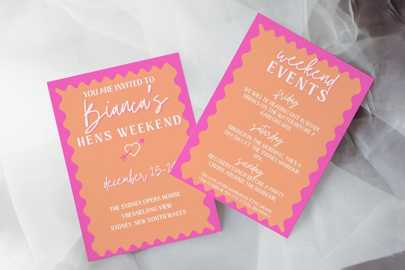 Retro Hens Weekend Itinerary Invitation, Pink Orange Theme (digital ...