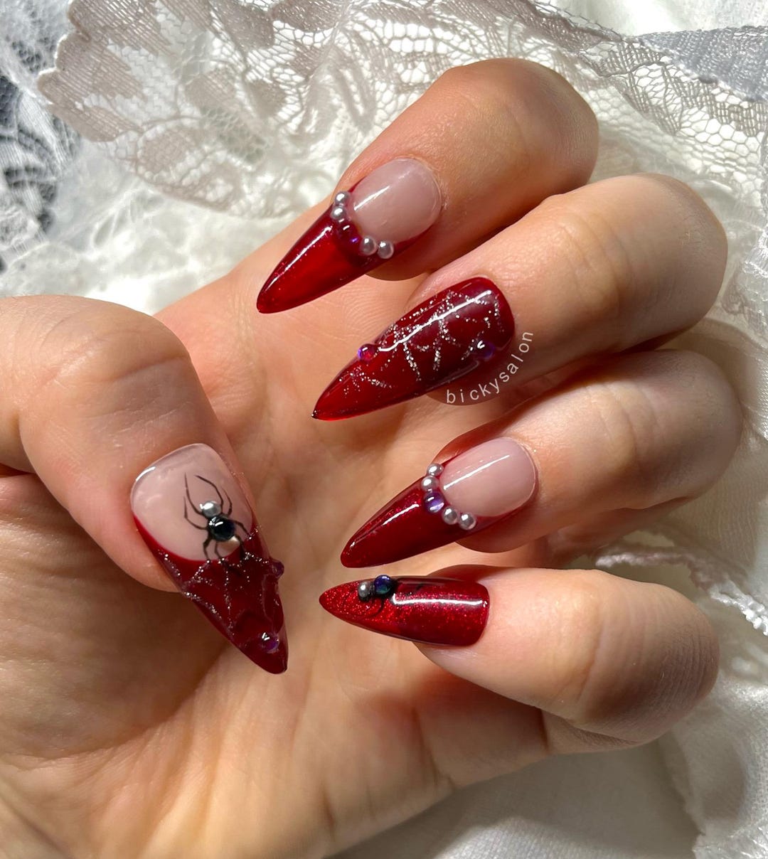 Spiderweb Halloween Cateye Dark Red Jelly Press on Nails Gothic Vampire ...
