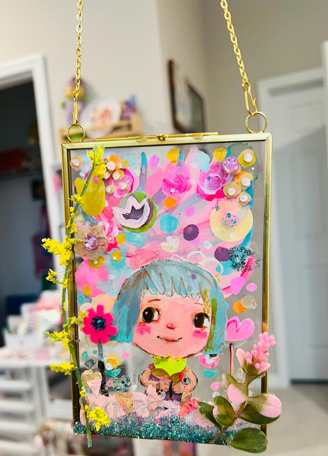 Miss Tulip - Rectangle Glass Gold Frame Original - Etsy