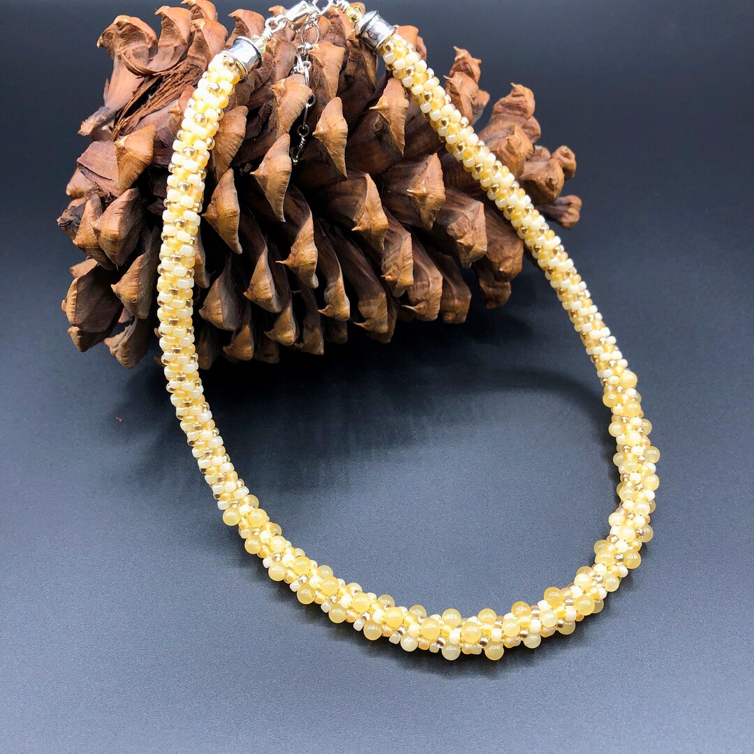 Butter Yellow, Gold & Cream W/ Calcite Kumihimo Beaded Necklace Glass ...
