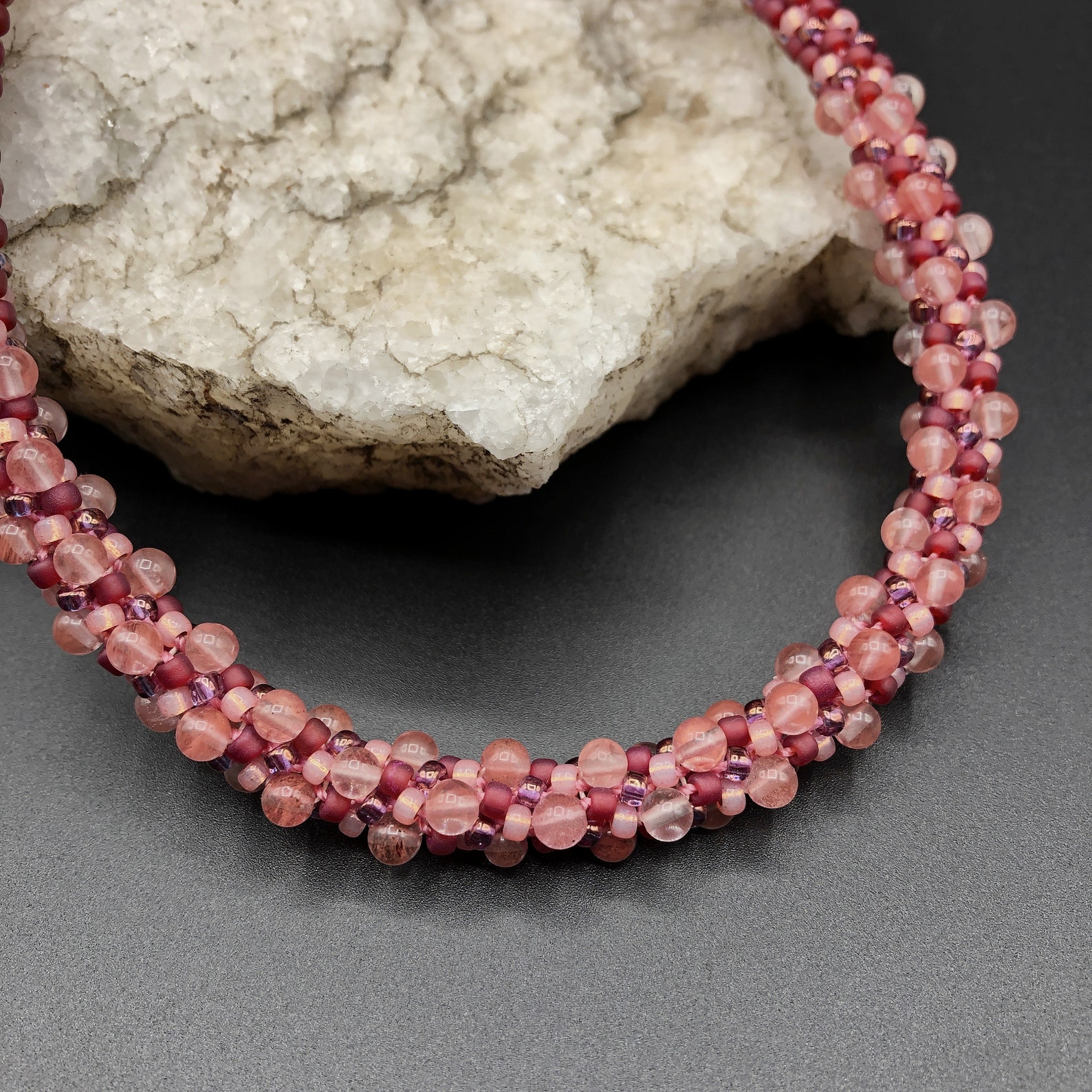 Raspberry & Rose Pink Kumihimo Beaded Necklace W/ Cherry Quartz Glass ...