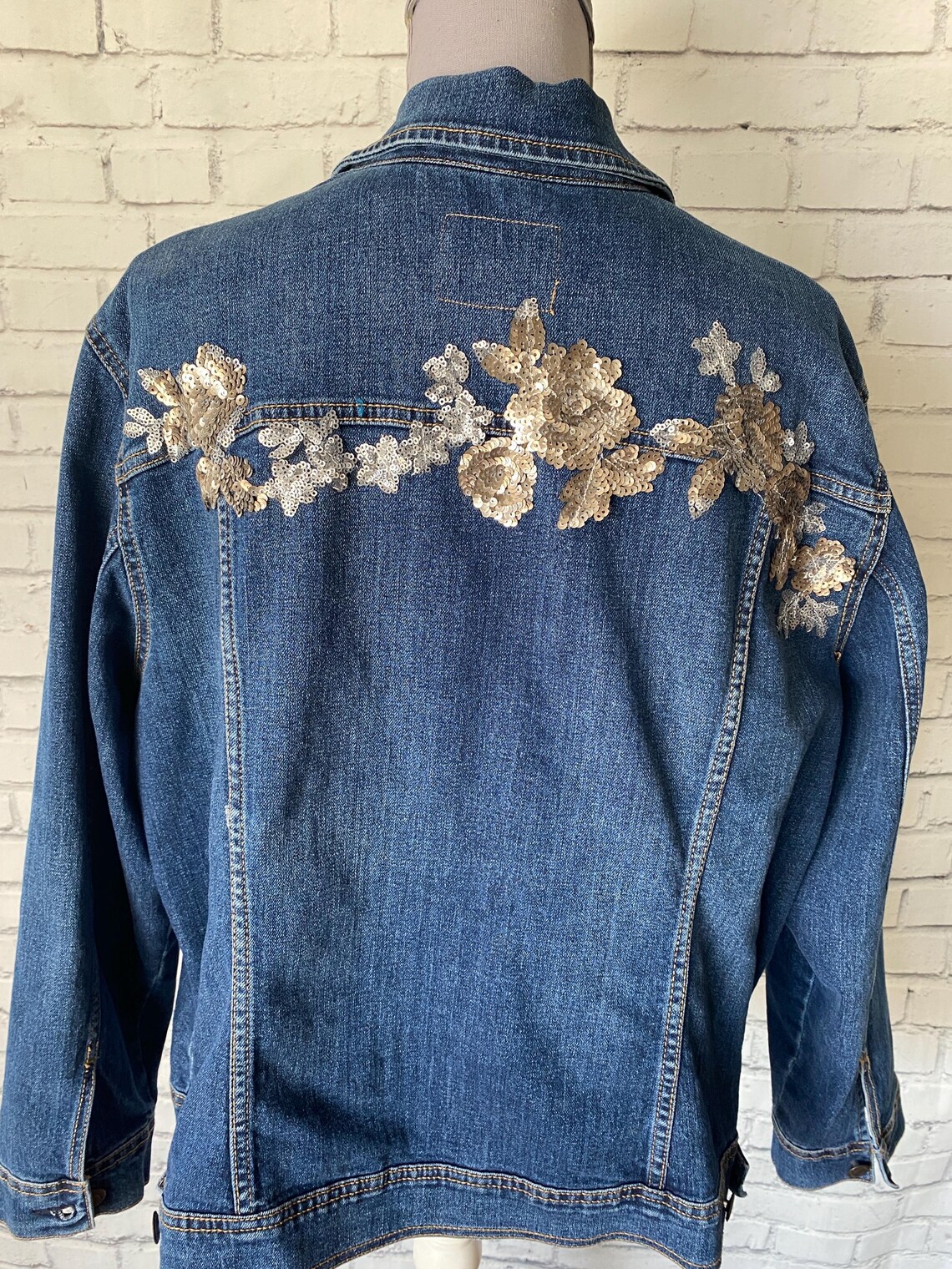 Decorated Denim Jean Jacket With Sequin Flowers - Etsy