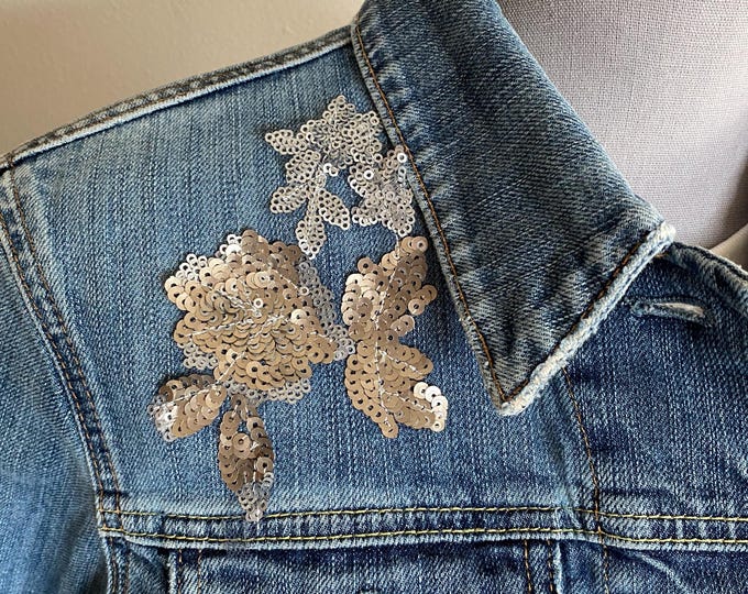 Decorated Denim Jean Jacket With Sequin Flowers - Etsy