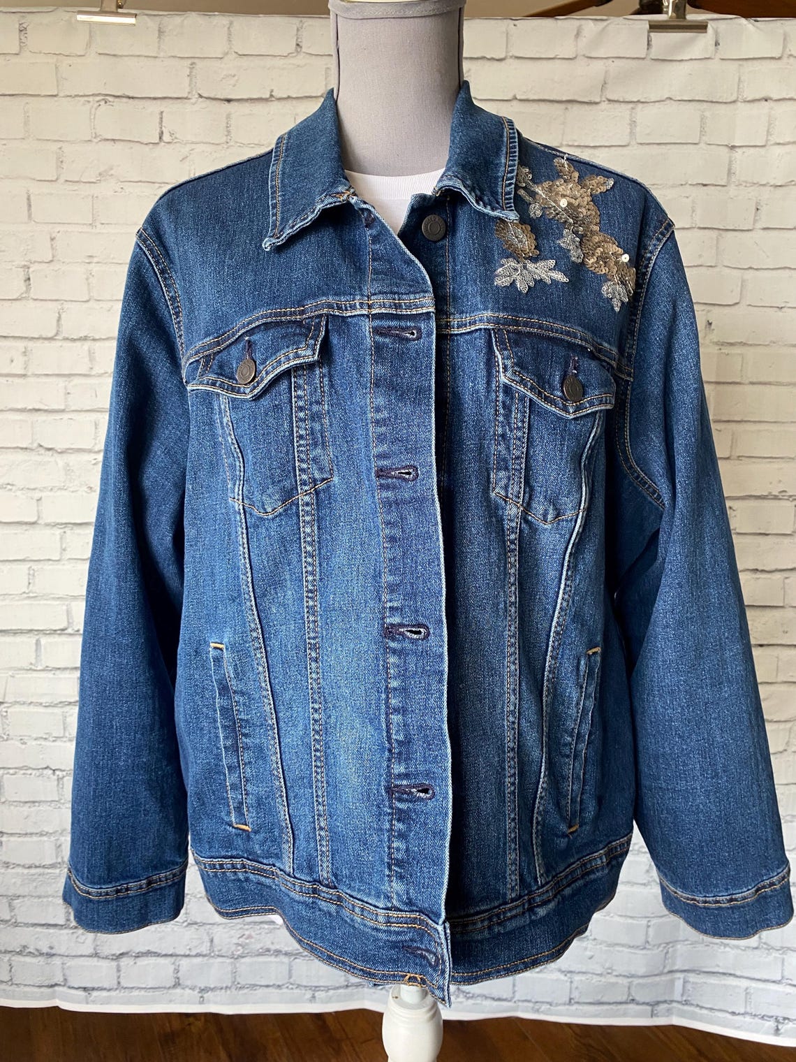 Decorated Denim Jean Jacket With Sequin Flowers - Etsy