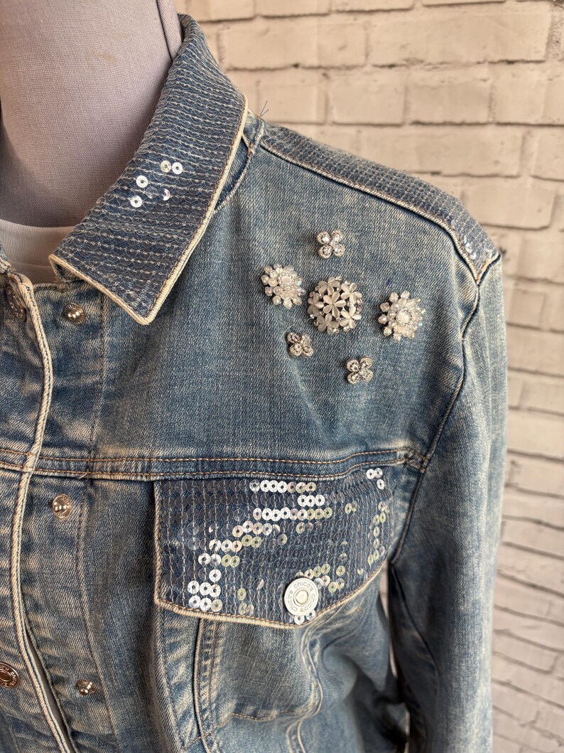 Up-cycled Denim Jean Jacket With Bling Sequins & Buttons - Etsy