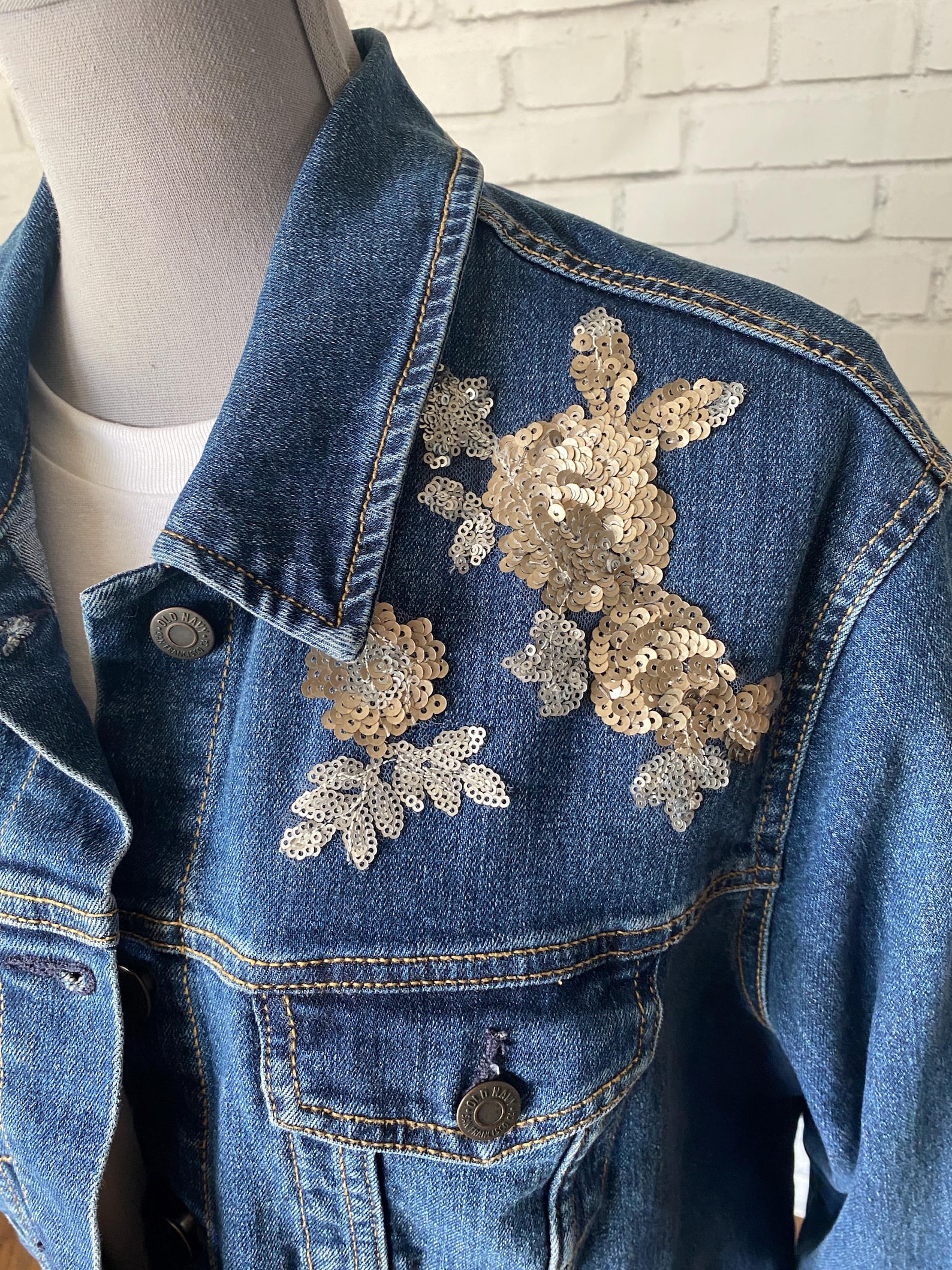 Decorated Denim Jean Jacket With Sequin Flowers - Etsy